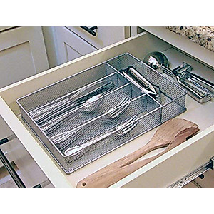 LUOOV 5 Compartment Mesh Small Cutlery Tray with Foam Feet - Kitchen Organization/Silverware Storage Kitchen Utensil Flatware Tray (Silver)