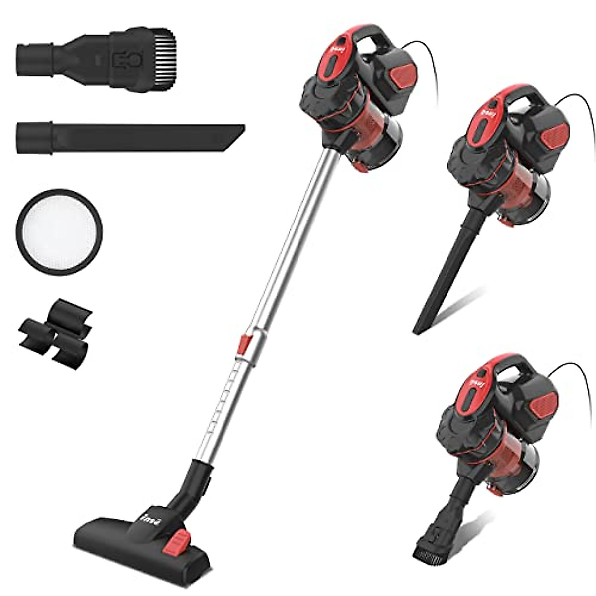 INSE Vacuum Cleaner, Corded Vacuum Cleaner 600W Powerful Motor 18000Pa Versatile Handheld Corded Stick Vacuum Cleaner for Hardwood Floor Pet Hair - Red