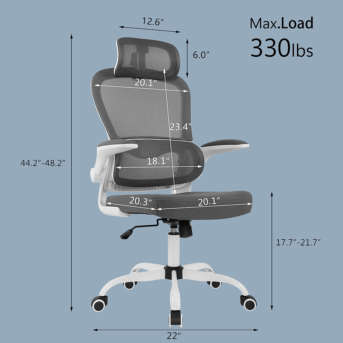 Office Chair Ergonomic Desk Chair Gaming Chair Computer Chair for Home Office with Wheels, Lumbar Support, Adjustable Headrest and Flip-up Armrest (Grey)