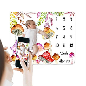 Mushroom Theme Baby Monthly Milestone Blanket, 48x40in Soft Flannel, Watercolor Backgrounds, Newborn Mom Gifts, Baby Shower Age Growth Tracker with Bonus Maker BTLSSS1