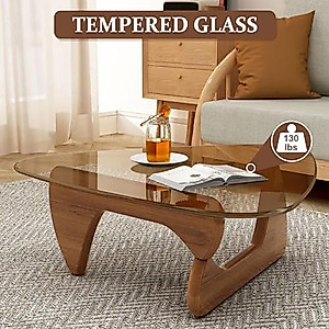 Triangle Glass Coffee Table-Mid-Century Modern End Table Solid Wood Base and Vintage Tempered Transparent Glass Top Coffee Tables Living Room Balcony (Walnut/Brown, Small 32.2 * 22.4 * 16in)