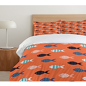 Ambesonne Peach Duvet Cover Set, Fishes Motif Nautical Marine Sea Underwater Creature Animal Aquarium, Decorative 2 Piece Bedding Set with 1 Pillow Sham, Twin Size, Coral Blue