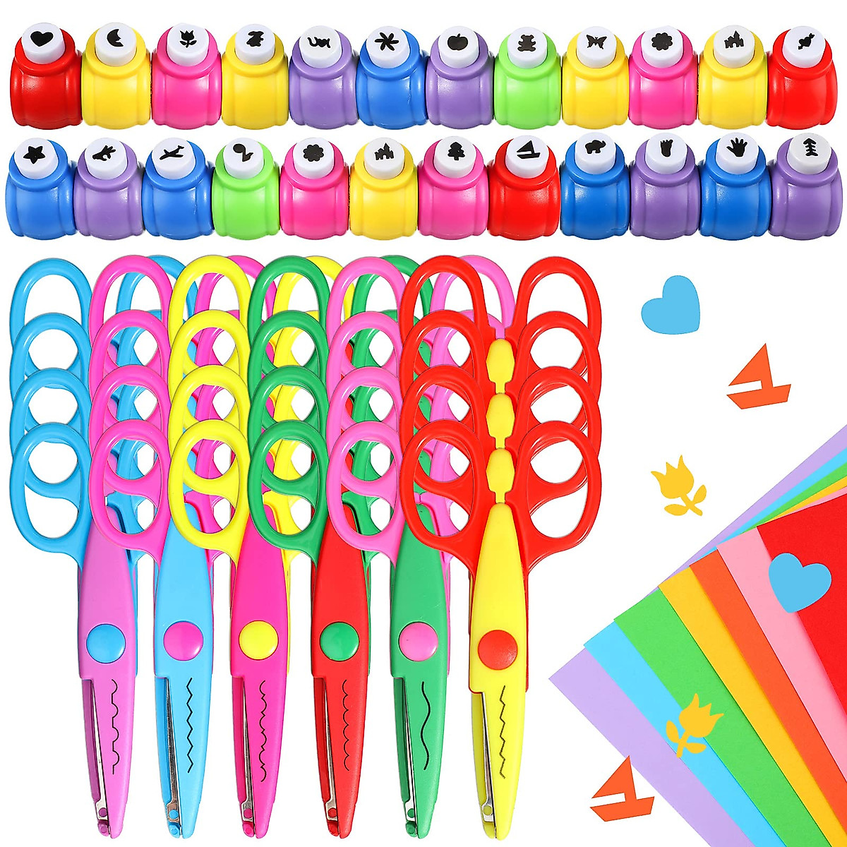 Set of 48 Kid Craft Bundle Includes 24 Hole Punch Shapes and 24 Decorative Scissors Paper Punches for Crafting Kid Safe Scissors for DIY Scrapbooking Photo Album Fun Art Projects