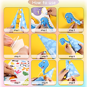 Outus 12 Pieces DIY Dinosaur Party Hats Birthday Party Cone Hats Craft Art Kit Make Your Own Dinosaur Paper Hats DIY Art Kit Home Project Group Activity Games for Boys Girls