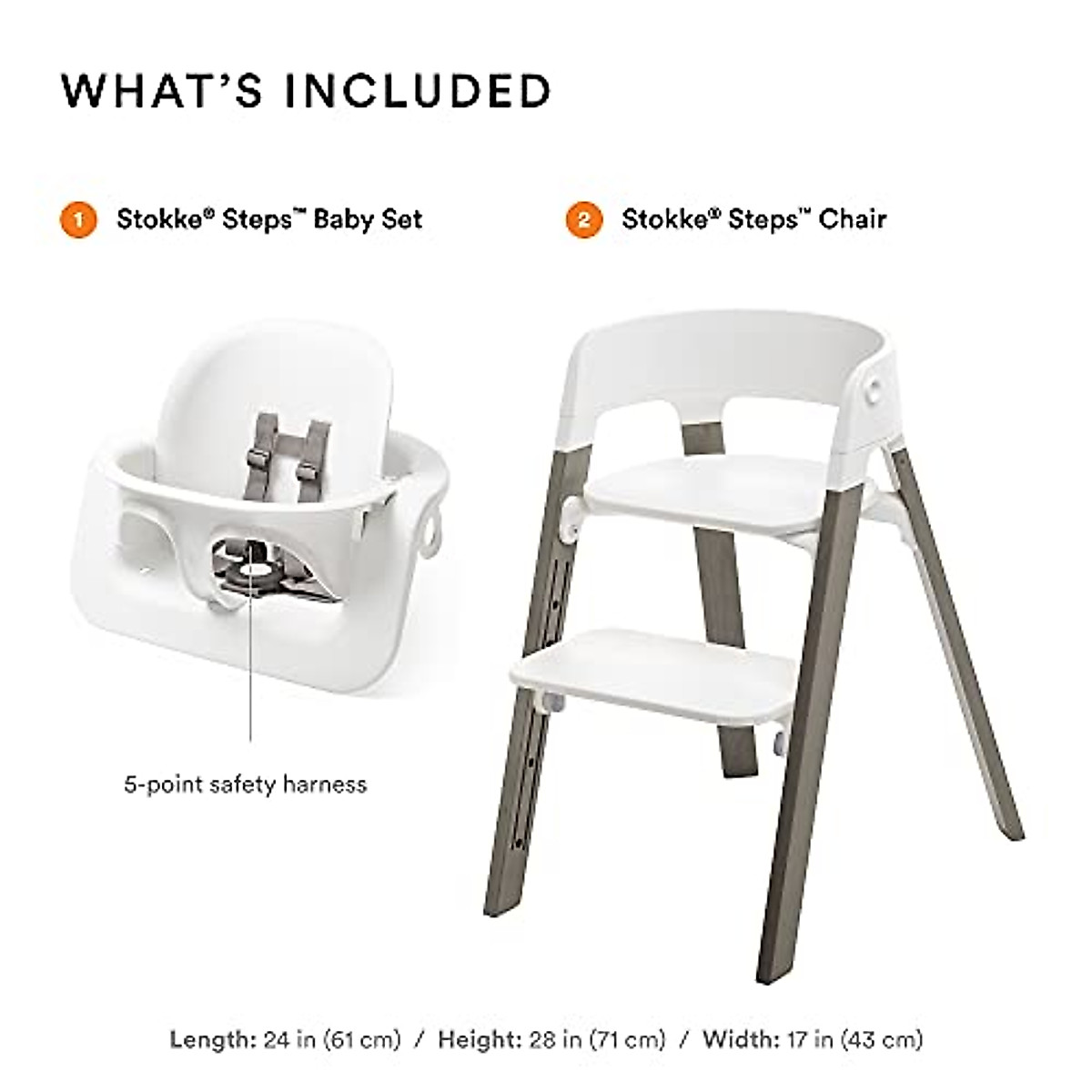 Stokke Steps High Chair - Hazy Grey Legs & White Seat - 5-in-1 Seat System - Includes Baby Set - Suits Babies 6-36 Months - Chair Holds Up to 187 lbs. - Tool Free & Adjustable