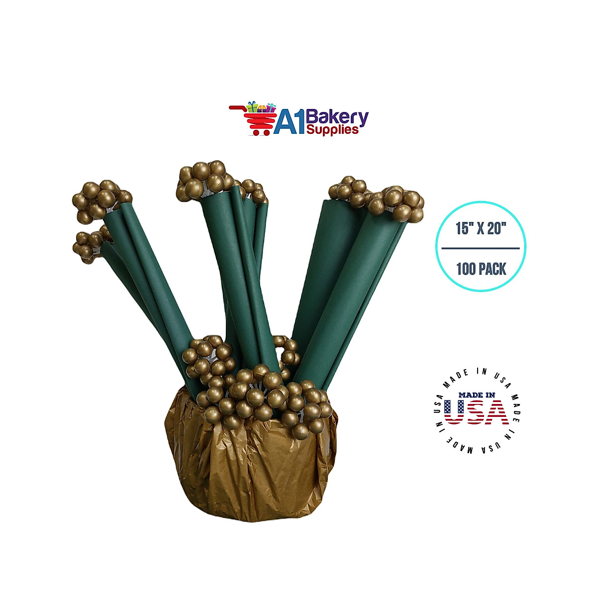 Forest Green Tissue Paper 15 Inch X 20 Inch - 100 Sheets Premium Quality Tissue Paper by A1 bakery supplies Made in USA