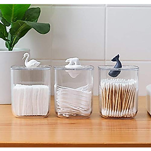 UPSTORE 1PK Transparent Acrylic Round Make up Container with Whales Lid Swabs Holder Apothecary Jars Bathroom Jar Plastic Clear Double Compartment Organizer Rounds Organizer Storage Display