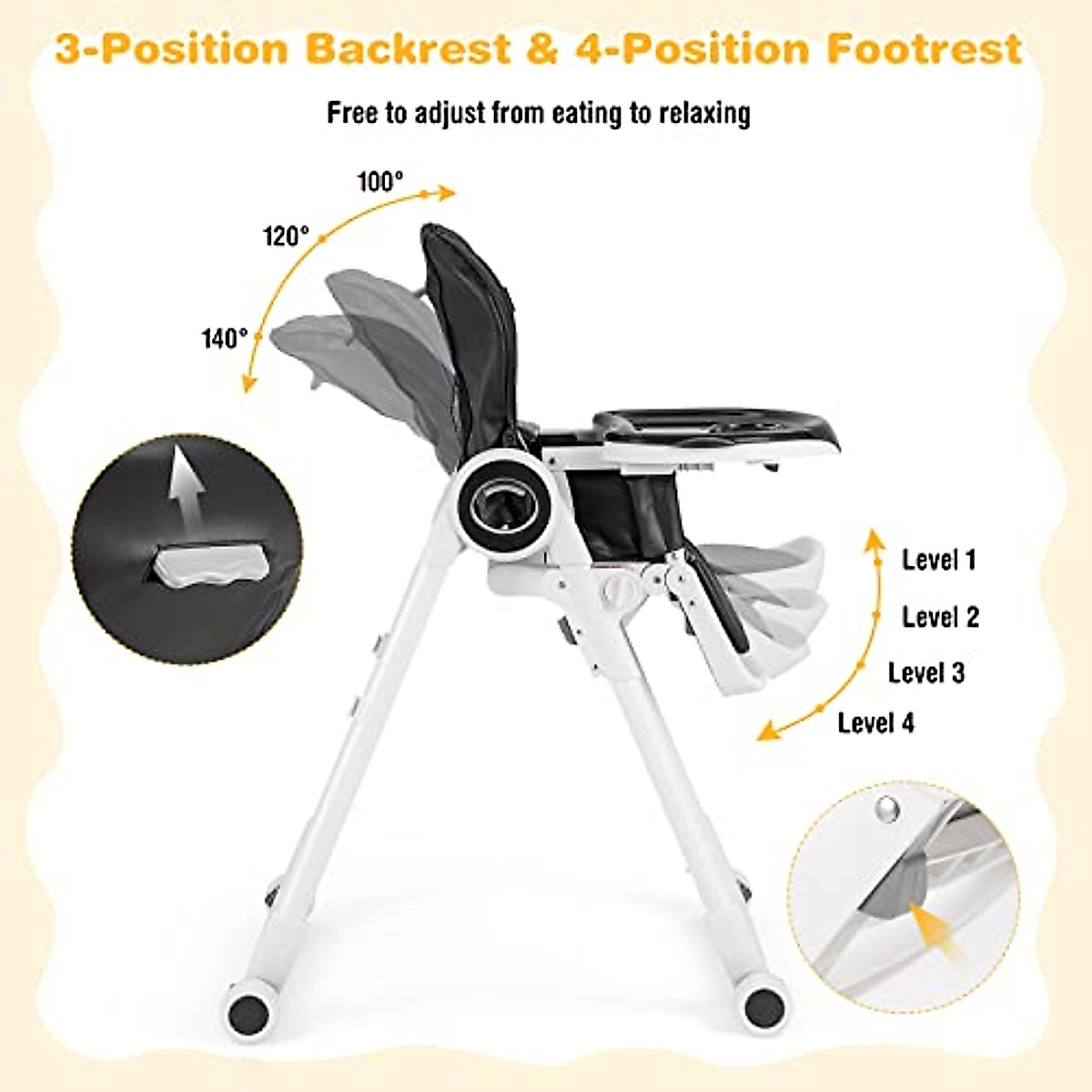 BABY JOY High Chair for Babies & Toddlers, Foldable Highchair with Adjustable Backrest/Footrest/Seat Height, Double Removable Trays, Detachable Seat Cushion, 4 Lockable Wheels (Black)