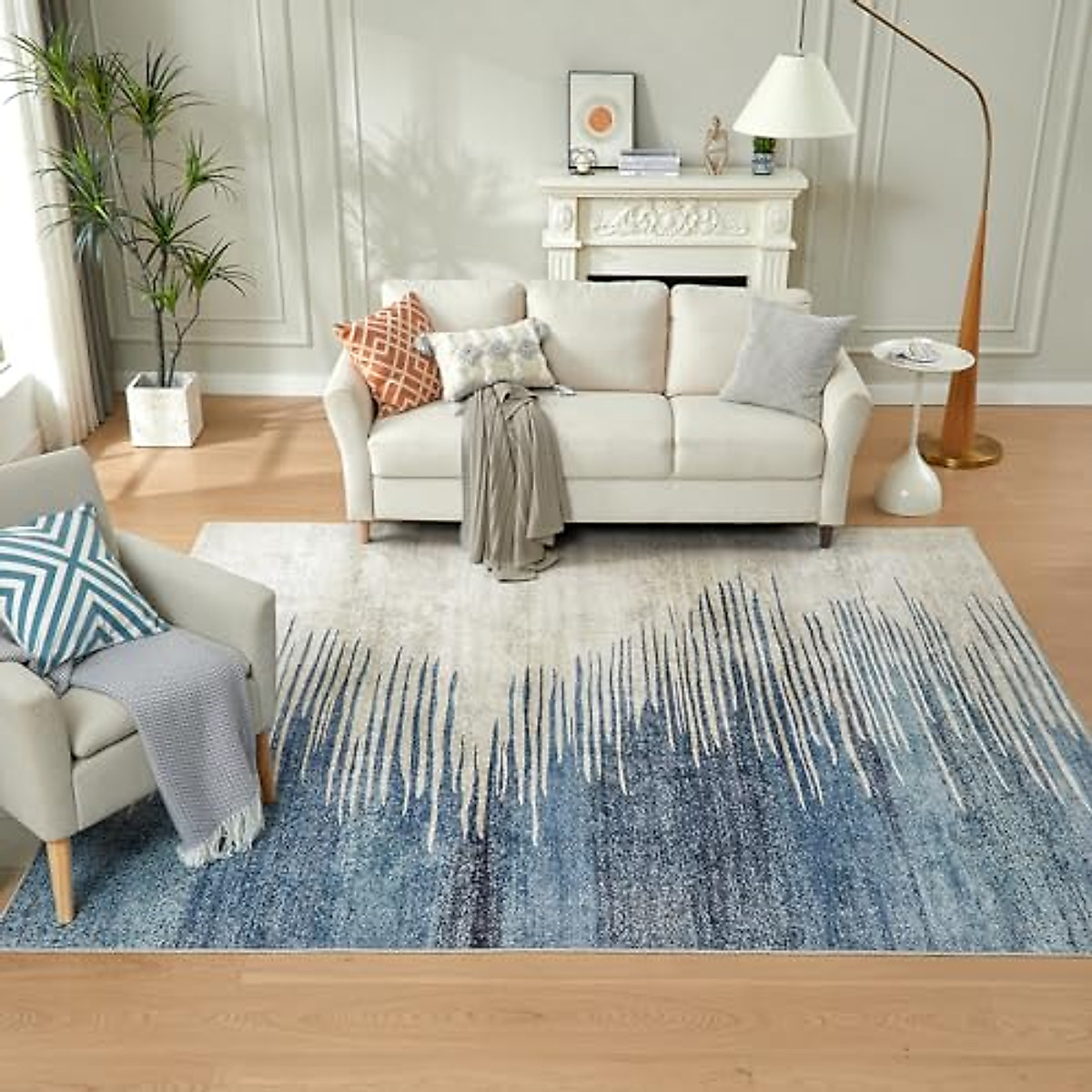 VKLIVING Washable Area Rug 9'x12' Abstract Thin Living Room Non Slip Bedroom Soft Low Pile Machine Washable Lightweight Large Area Rug, Blue&Beige