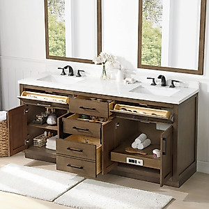 OVE Decors Maya Plus 72 in. Double Sink Bathroom Vanity in Almond Latte Finish, Black Hardware and Included Power Bar