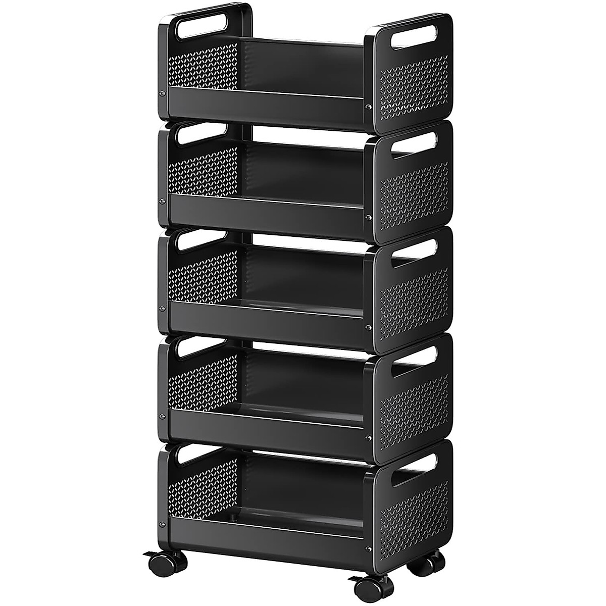 5 Tier Rolling Cart, Stackable Metal Kitchen Storage Cart with Wheels, Black
