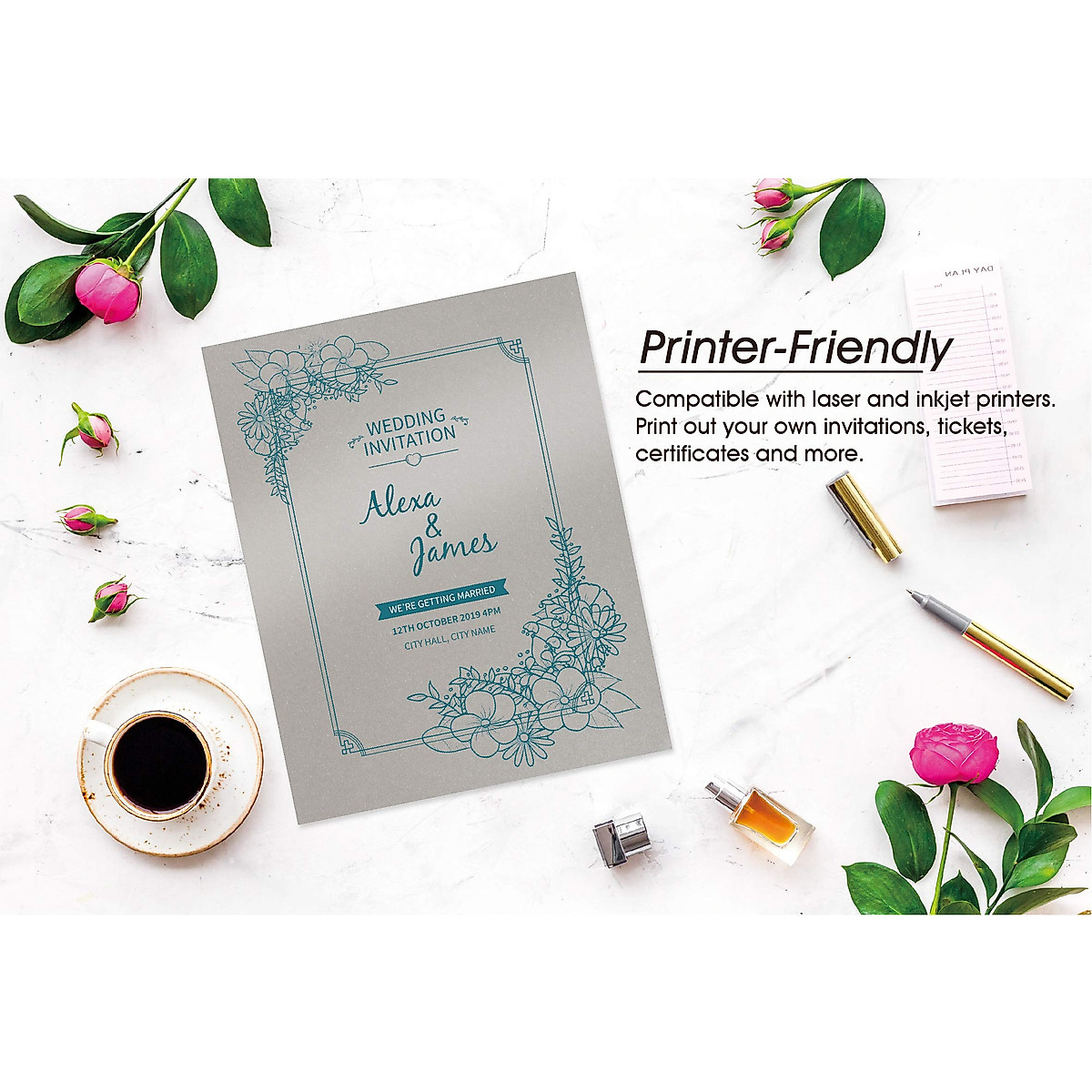 Silver Metallic Paper - 100-Pack Silver Shimmer Paper, Paper Crafting Supplies, Perfect for Flower Making, Ticket, Invitation, Stationery, Scrapbook Use, Printer Friendly, 120 GSM, 8.5 x 11 Inches