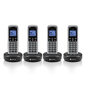 Motorola Voice Cordless Phone System w/ 4 Digital Handsets + Answering Machine, Remote Access, Call Block - Dark Grey (T614)
