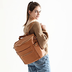 miss fong Diaper Bag Backpack Baby Diaper Bag, Large Leather Diaper Bag Backpack with Changing Pad, Stroller Straps, and 2 Insulated Pockets(Convertible, Brown)