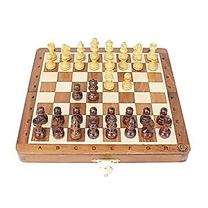 House of Chess - 8 Inch Wooden Magnetic Folding Travel Chess Set - Board with Algebraic Notation + 2 Extra Pawns & 2 Extra Queens- Handmade - Premium Quality