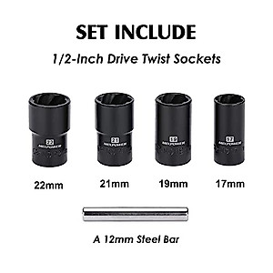 MIXPOWER 5 Pieces 1/2" Drive Nut and Bolt Extractor Set, Lug Nut Remover Extractor Tool, 17 19 21 22mm Sockets & 12mm Center Punch Bar, Twist Socket Tool Set