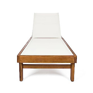 Christopher Knight Home Summerland Outdoor Mesh Chaise Lounge with Acacia Wood Frame, Teak Finish / White Mesh