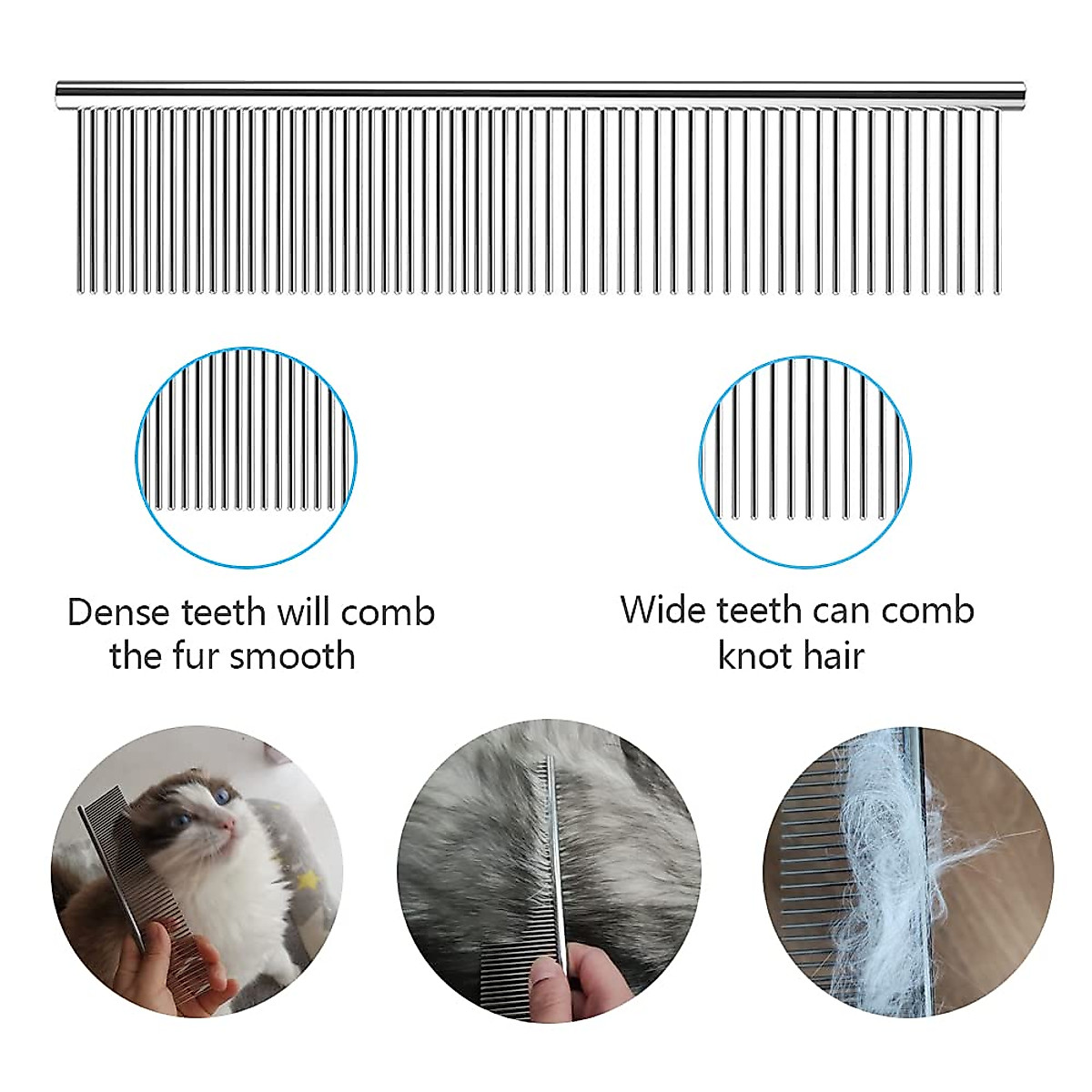 TanDraji Dog Combs for Grooming, 2 Pack Metal Dog Comb with Rounded Teeth, Stainless Steel Cat Comb for Removing Tangles and Knots for Dogs and Cats