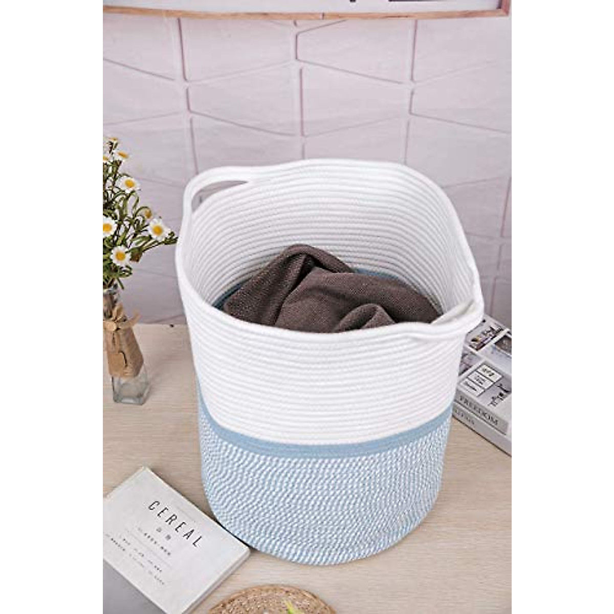 M Size Blue White Laundry Basket with Handles Toy Basket Clothes Hamper Home Decor Basket Towel Storage Woven Blanket Basket Cotton Rope Decorative Blanket Basket,Environmental Protection Material