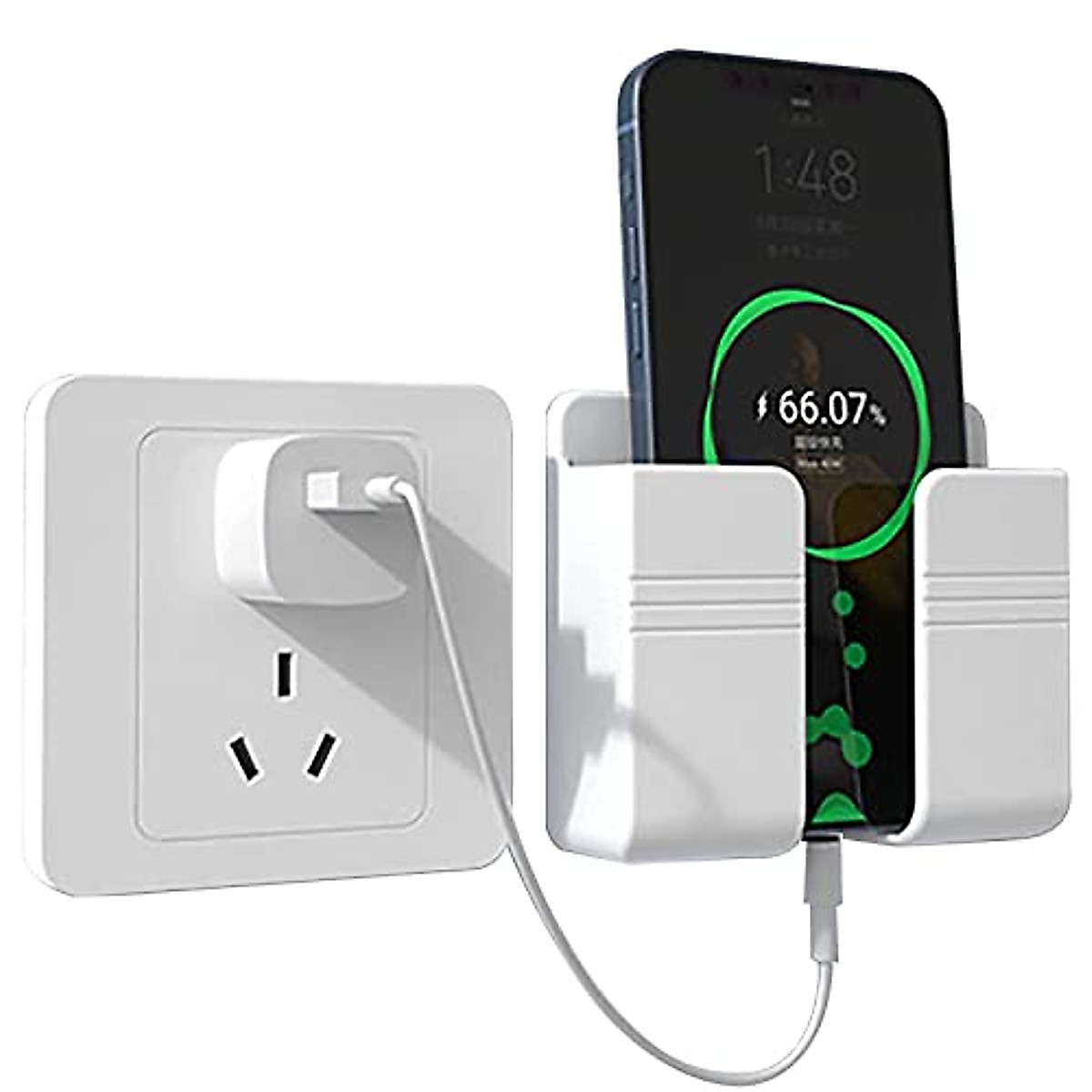 CEI&BPY Wall Mount Phone Holder, Phone Stand with Adhesive and Data Cable Receiving Hole, Cell Phone Holder for Charging,Bedroom, Compatible with iPhone and Android (Black)