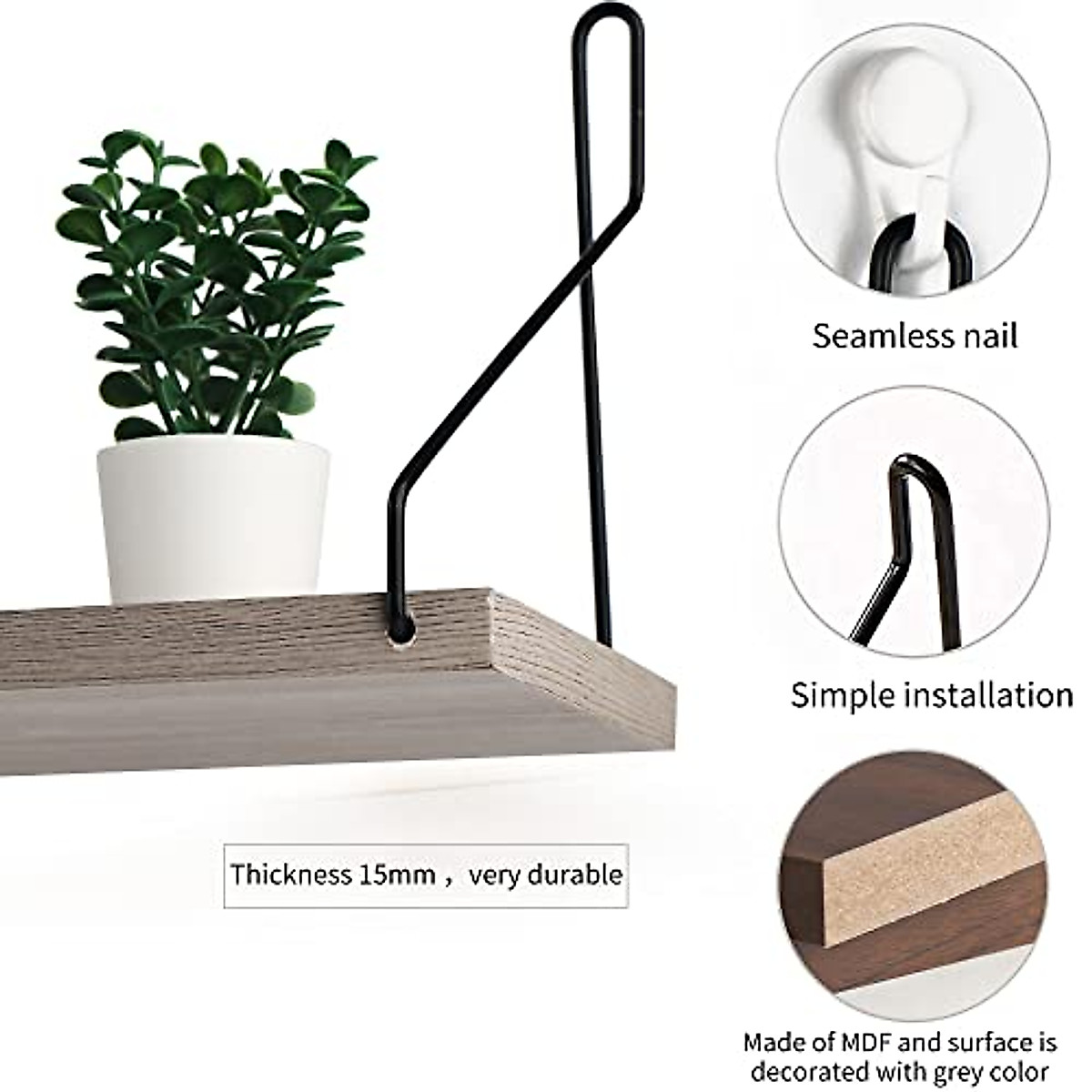 YOYAI Set of 3 Rustic Wood Wall Shelf Wall Mounted Floating Wooden Shelves Wall Decor Organizer Living Room Bedroom Kitchen(Gray)