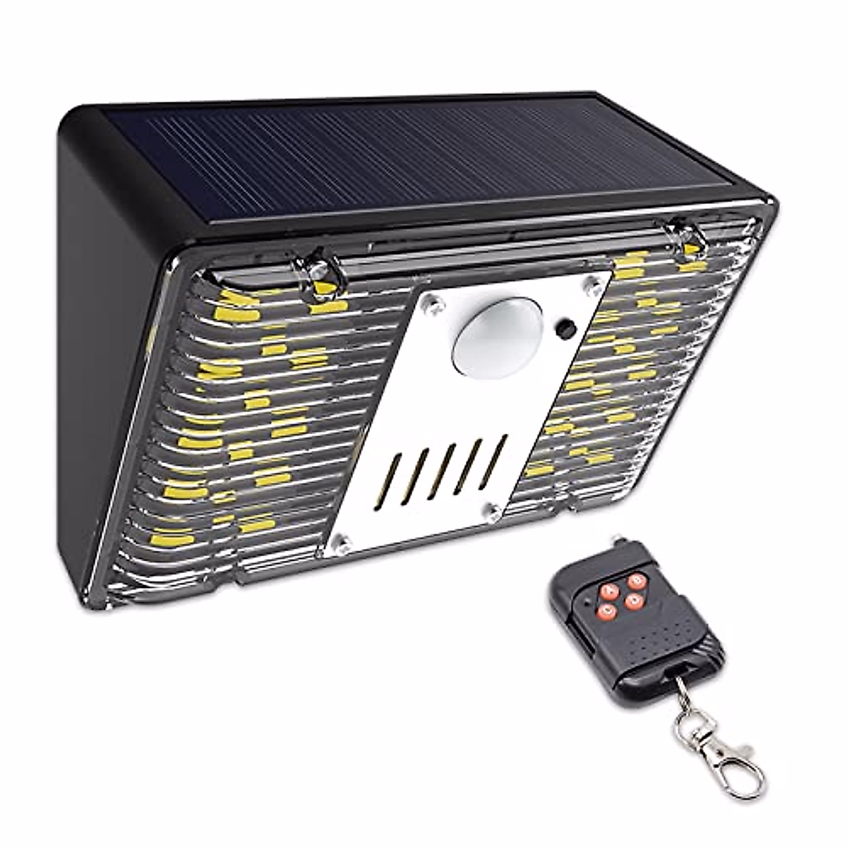 Solar Strobe Light With Motion Sensor Solar Powered Sound Alarm Light With Remote Controller System 129dB Loud Siren Security Light For Farm, Villa, Yard, Barn, Home Day & Night Mode (IP55 Waterproof)