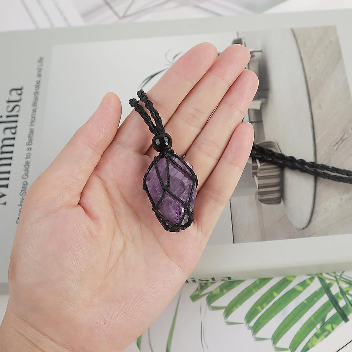 Anjiucc Natural Gemstone Crystal Raw Amethyst Pendant Necklace Stone Holder Necklace Cord Hand-Woven Necklace with Adjustable Length for Women Men