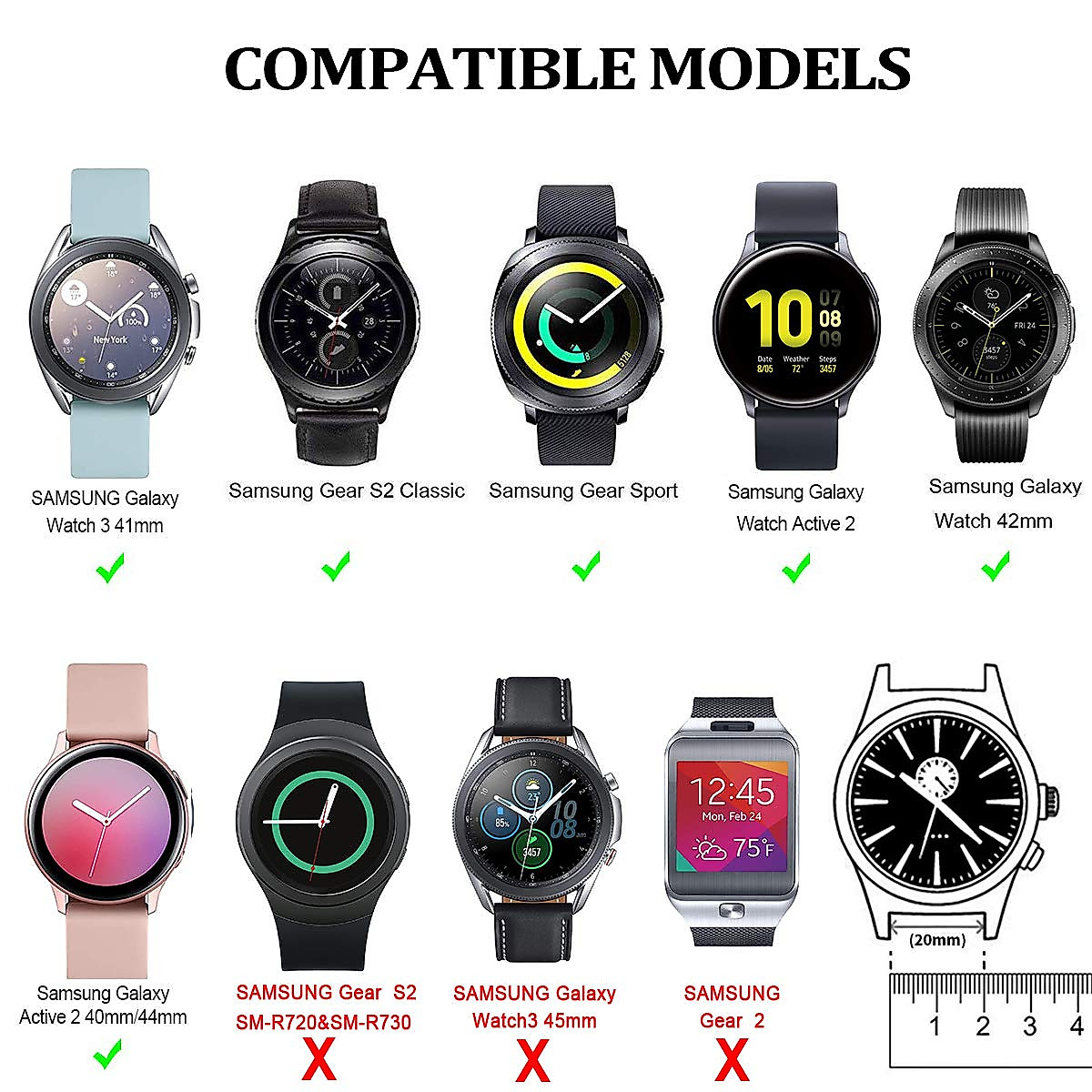 Compatible with Samsung Galaxy Watch 4 Band 44mm 40mm/Galaxy Watch 4 Classic 46mm 42mm Women Girls,Galaxy Watch Active 2 40mm 44mm,20mm Slim Smart Watch Bands for Galaxy Watch 3 41mm/Galaxy Watch 42mm
