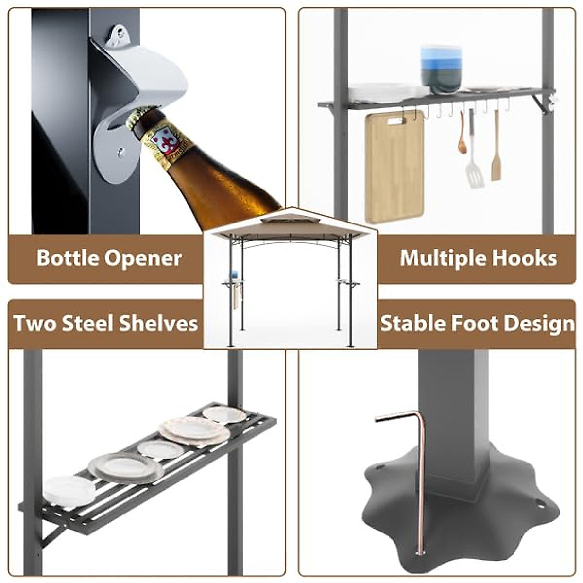 8 x 5 FT Grill Pergola Tent with Air Vent Double Tiered BBQ Gazebo Outdoor Barbecue Canopy, Khaki, Outdoor Double Roof Steel Frame Canopy Gazebo for Lawn, Garden, Backyard and Deck