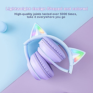 Bluetooth Cat Ear Headphones for Kids & Adults, Wireless & Wired Mode Foldable Headset with Mic - Clear Sound Quality - RGB LED Light, for Girls School Gaming, for Phone/Laptop/PC/Tablet, Purple
