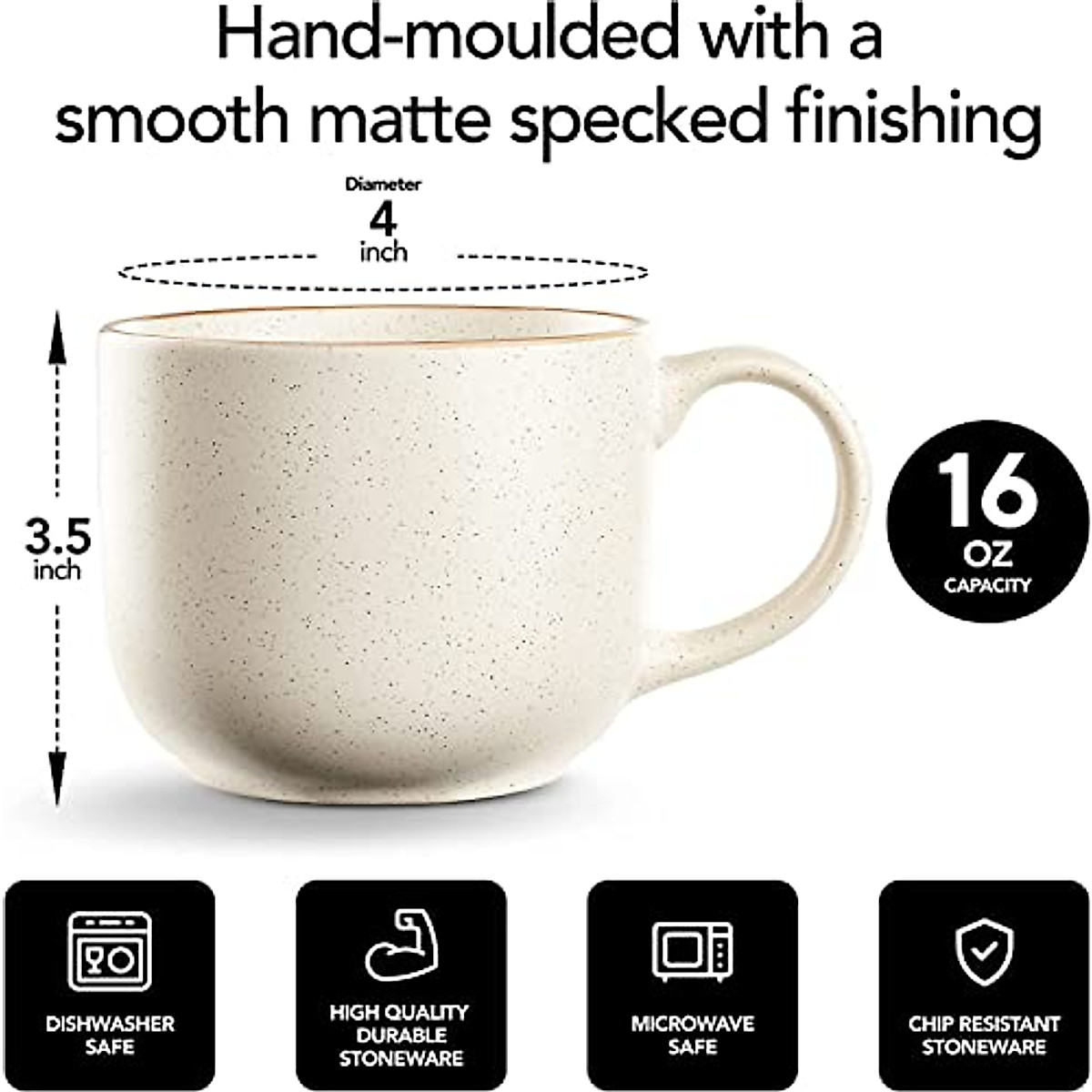 Maison Neuve Riverside Collection 4-Piece Mug Set - Hand Crafted Ceramic Stoneware Mug Set, Modern Dining Mugs - Large & Multipurpose Shape Mugs, Microwave & Dishwasher Safe - Oxford White, 16 Oz.