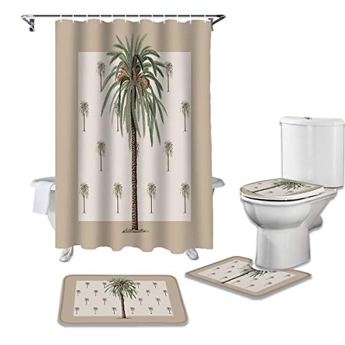 Singingin Shower Curtain Set with Bathroom Rugs and Mats Tropical Palm Tree Bathroom Rugs Set 4 Piece,Non-Slip Rugs,Toilet Lid Cover and Bath Mat,Waterproof Shower Curtain for Tub