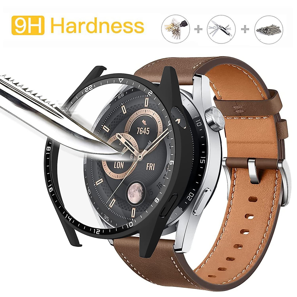 Acadeny [2-Pack] Case with Tempered Glass Screen Protector Compatible for Huawei Watch GT3 46mm, 9H Hardness 360° All-Round Protective Ultra Thin Protective PC Case Cover for - Black Black, 2black