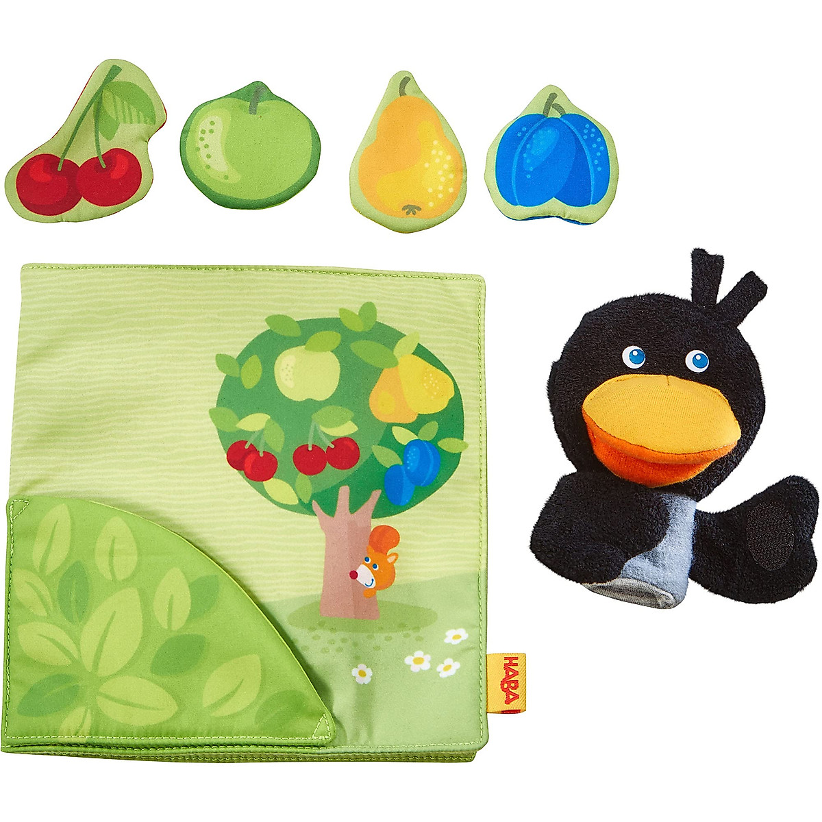 HABA Fabric Book Orchard with Raven Finger Puppet and Removable Fruit