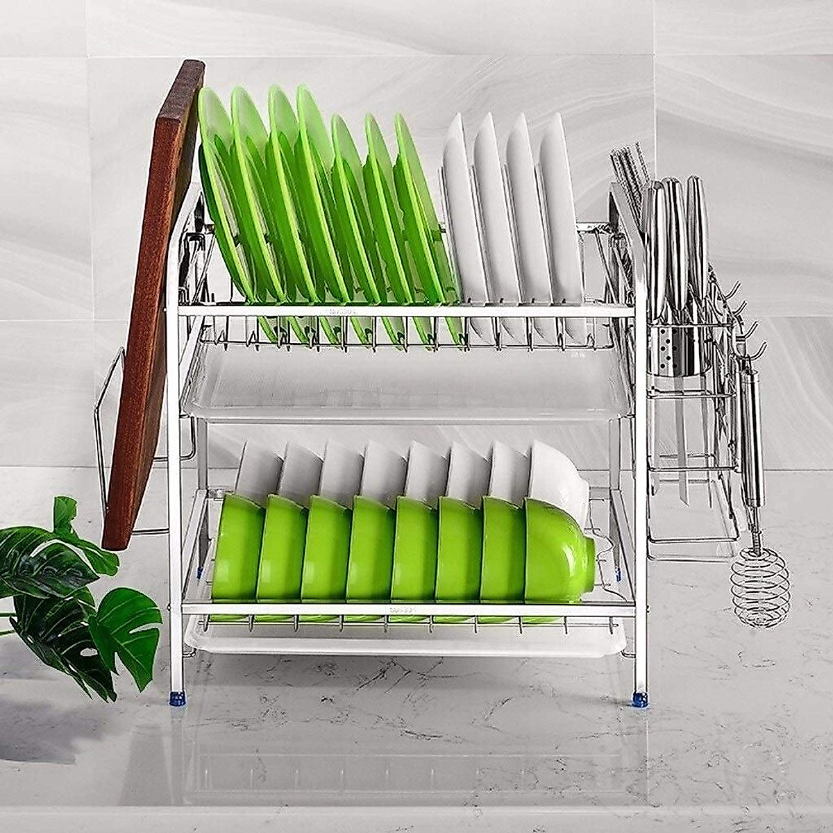 Plate Rack Draining Dish Rack Dish Drying Rack 304 Stainless Steel 2 Tier Dish Rack With Drain Board, Utensil Holder, Cutting Board Pan Plate Holder