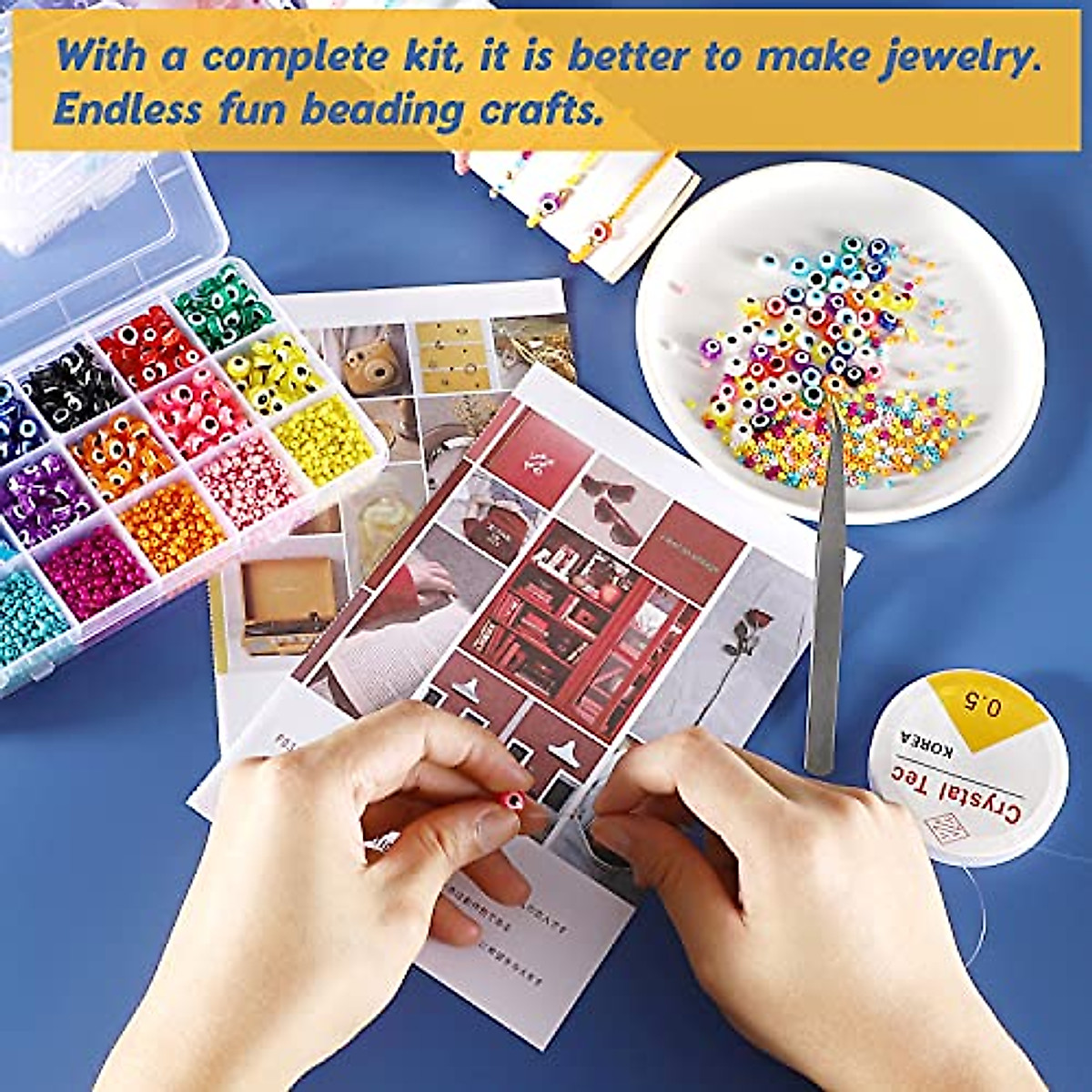 PHUNTTEK 2400pcs Seed Beads and Evil Eye Beads Halloween Beads for Jewelry Making, 3mm Glass Seed Beads 8mm Flat Evil Eye Colorful Bracelet Beads Kit for Bracelets Making DIY Gift Beading Supplies