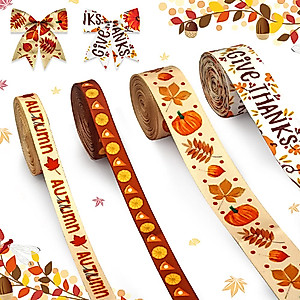 4 Rolls Fall Ribbons 3/8" Grosgrain Satin Pumpkin Maple Leaves Ribbons Orange Ribbons Autumn Give Thanks Words Thanksgiving Ribbon for Gift Wrapping Bows Fall Crafts Supplies 0.4/0.8inch, 20Yards