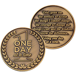 Serenity Prayer and One Day at a Time Coin, Bulk Pack of 3 Recovery Chip Pocket Tokens for AA, Antique Gold-Color Plated Recovery Challenge Coin, Gift of Peace and Sobriety
