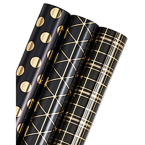 WRAPAHOLIC Black Birthday Wrapping Paper Roll - Mini Roll - 3 Rolls - 17 inch x 120 inch Per Roll - Black Gold Design for Wedding, Holiday, Party, Baby Shower