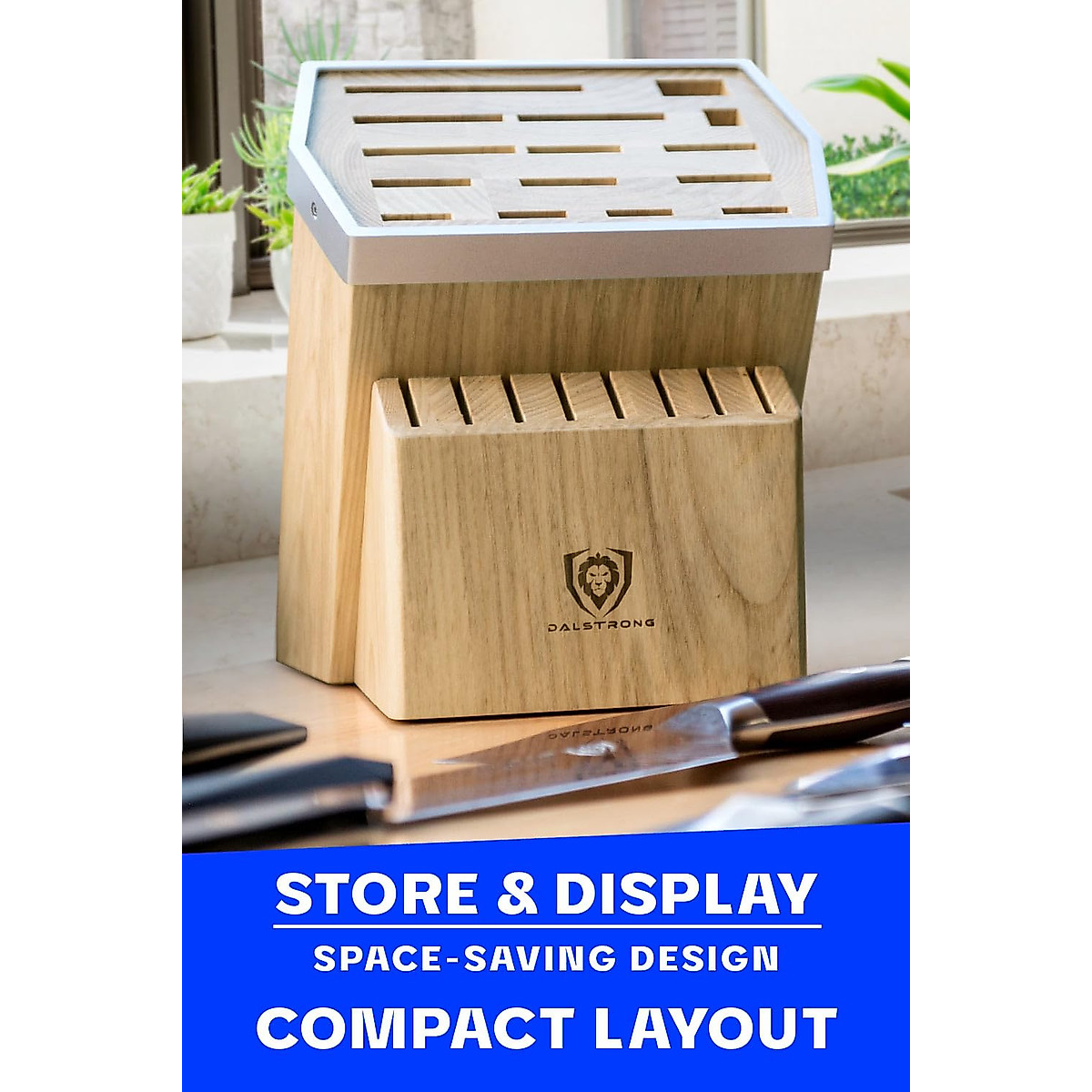 DALSTRONG Universal Knife Block - 23 Slots - Premium American Ash Wood - Aluminum Alloy Rim Kitchen Set - Lion Head Logo Badge - Premium Craftsmanship Knife Set - Angled For Ergonomics - Cleans Easily