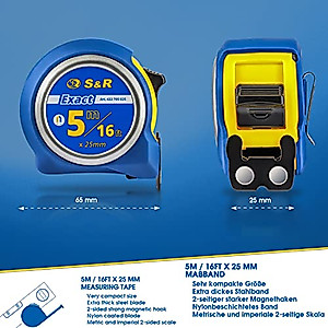 S&R Industriewerkzeuge Tape Measure Inch and Metric Q-Series 5M / 16 Ft, Tape 25 Mm, Nylon Coated, Measuring Pocket Tapes Impact Resistant, Rubberized Case