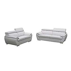 Blackjack Furniture 4571 Veal Collection 2 Piece Genuine Leather Sofa Set for Living Room, Modern Couch and Loveseat with Lumbar Support and Large Adjustable Headrests, 2+3 Seater, White