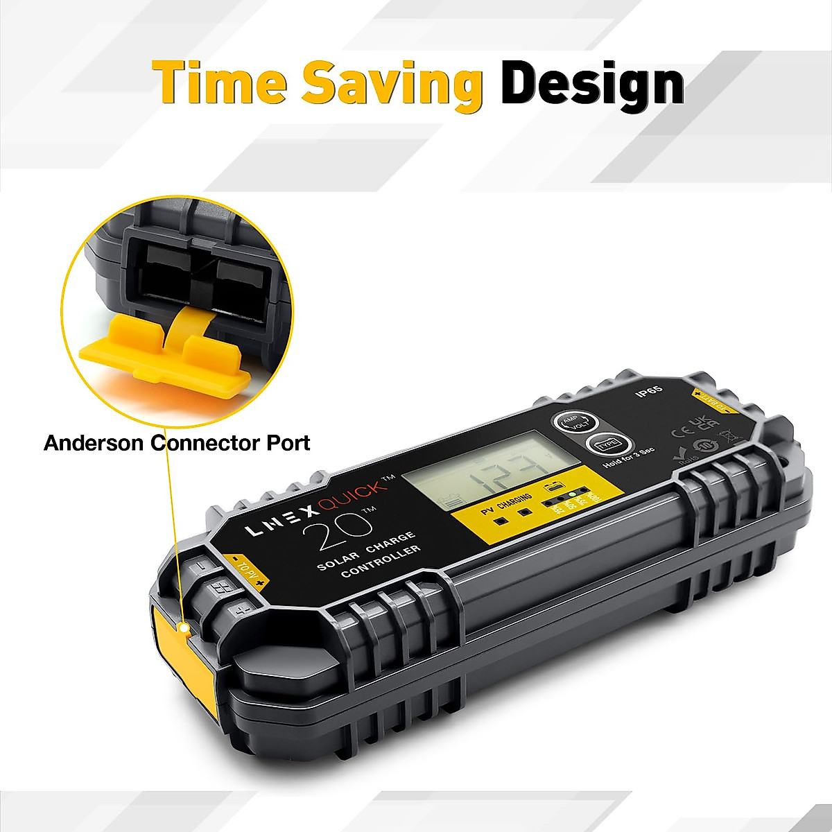 LNEX 20A Waterproof Solar Charge Controller with Anderson Connectors, 12V/24V PWM Solar Controller with LCD Display for LiFePO4,AGM, Gel, Flooded and Lithium Battery