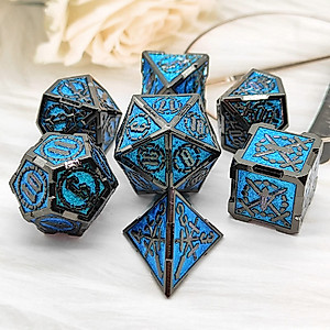 Metal DND Dice Set D&D Dungeons and Dragons Sword Dice Gift D20 Polyhedron Suitable for Rolling RPG MTG Pathfinder Board Game Accessories Free Velvet Bag-Black Nickel Glitter Blue