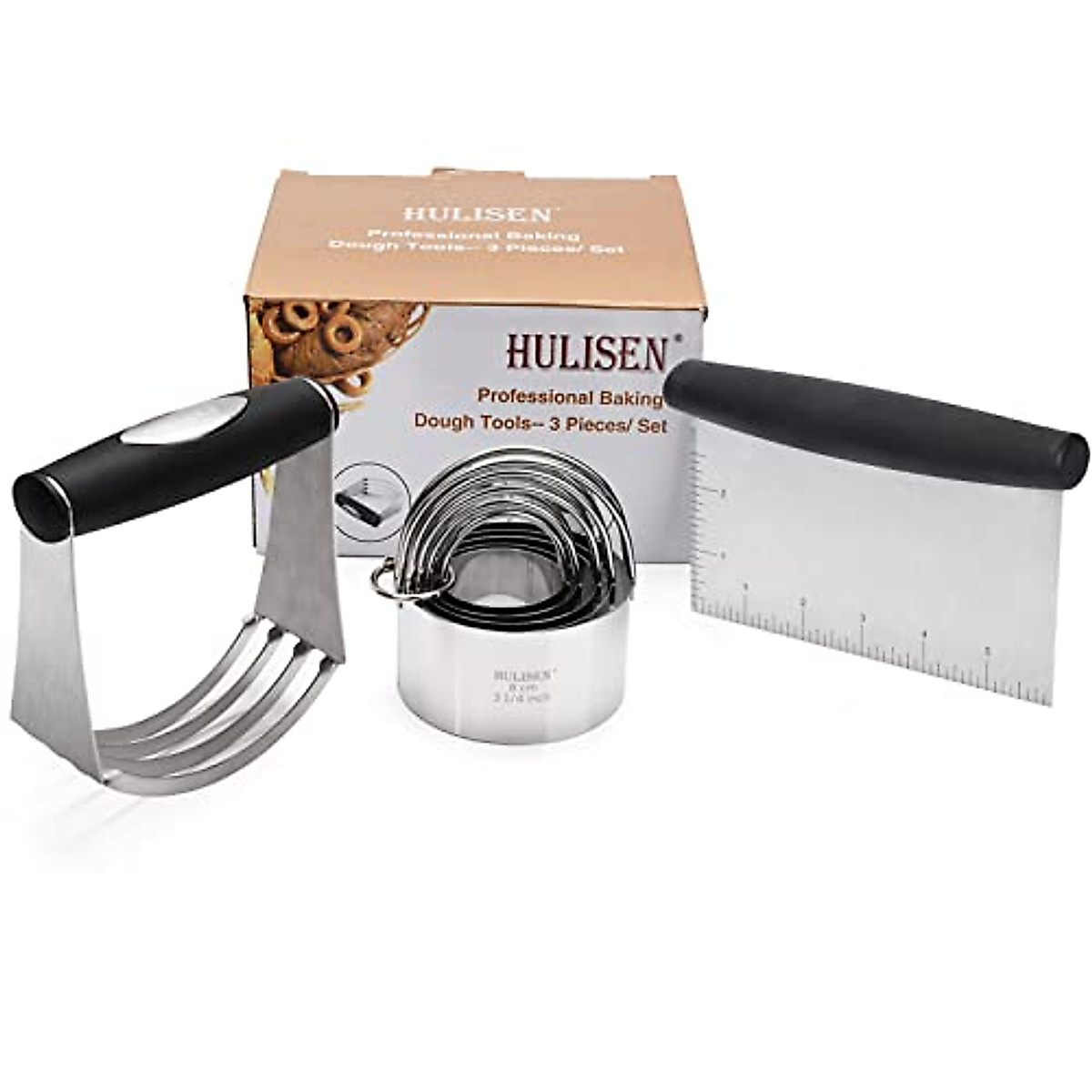 HULISEN Stainless Steel Pastry Scraper, Dough Blender & Biscuit Cutter Set (3 Pieces/ Set), Heavy Duty & Durable with Ergonomic Rubber Grip, Professional Baking Dough Tools, Gift Package