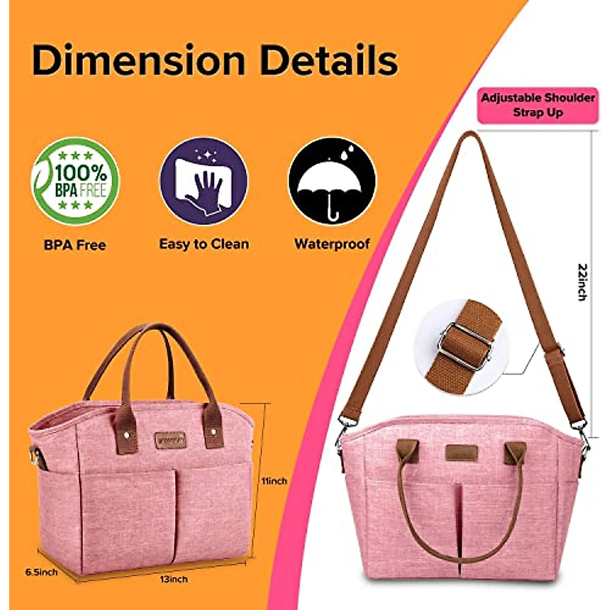 Lunch Bags for Women Insulated Thermal Lunch Tote Bag with Shoulder Strap Upgrade Large Lunch Box Container Drinks Holder for Adults Men Work College Picnic Beach Park, Pink