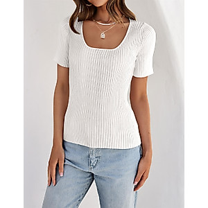 ZESICA Women's 2024 Short Sleeve Square Neck T Shirts Slim Fitted Summer Ribbed Knit Basic Casual Tee Tops,White,Medium