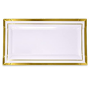 10 White Rectangle Trays with Gold Rim Border for Elegant Dessert Table Serving Parties 14" X 7.5" Heavy Duty Disposable Paper Cardboard for Platters Cupcake Display Birthday Party Weddings Food Safe