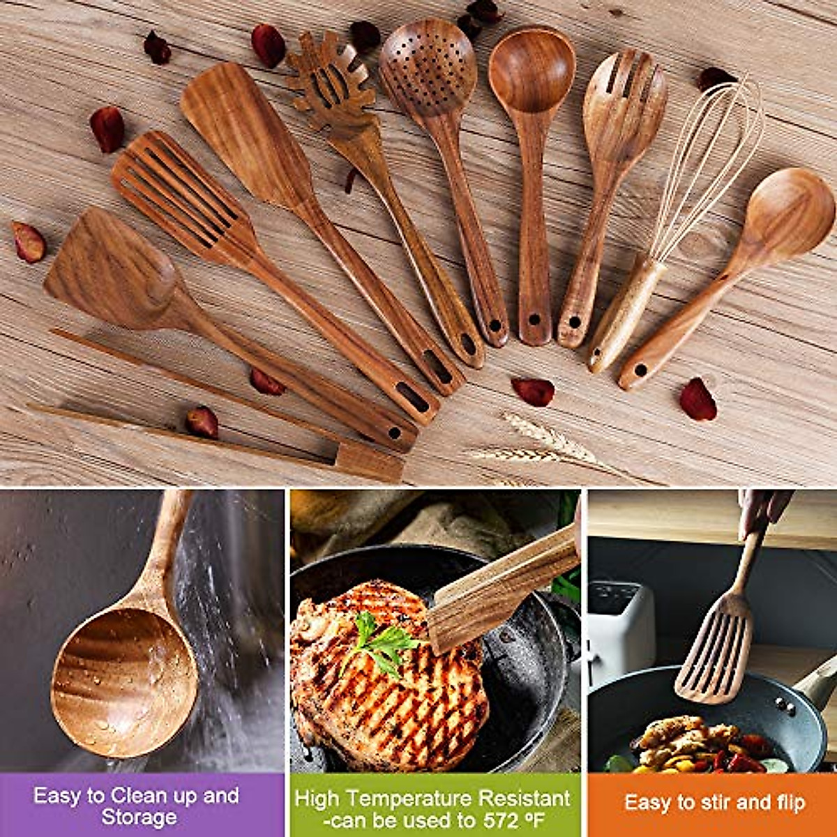 Kitchen Utenails Set with Holder,Kitchen Wooden Utensils for Cooking , Wood Utensil Natural Teak Wood Spoons for Cooking,Wooden Kitchen Utensil Set With Spatula and Ladle (11)