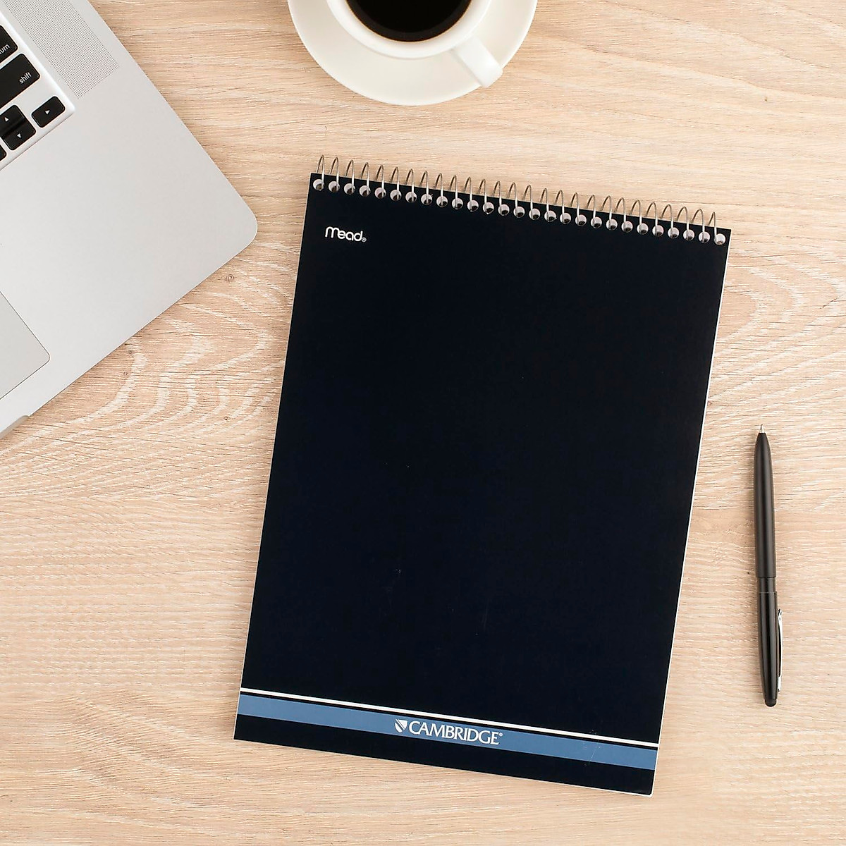 Mead Cambridge , Top Wirebound Spiral Notebook, College Ruled Memo NotePad, Stiff Back, Durable Cover Business Journal, 8-1/2" x 11", 70 Double-Sided Sheets, Navy (59882), White